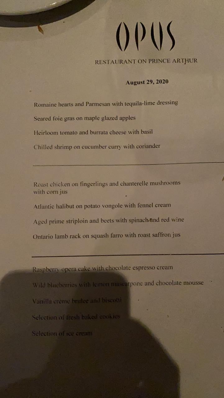 Menu at Opus Restaurant, Toronto