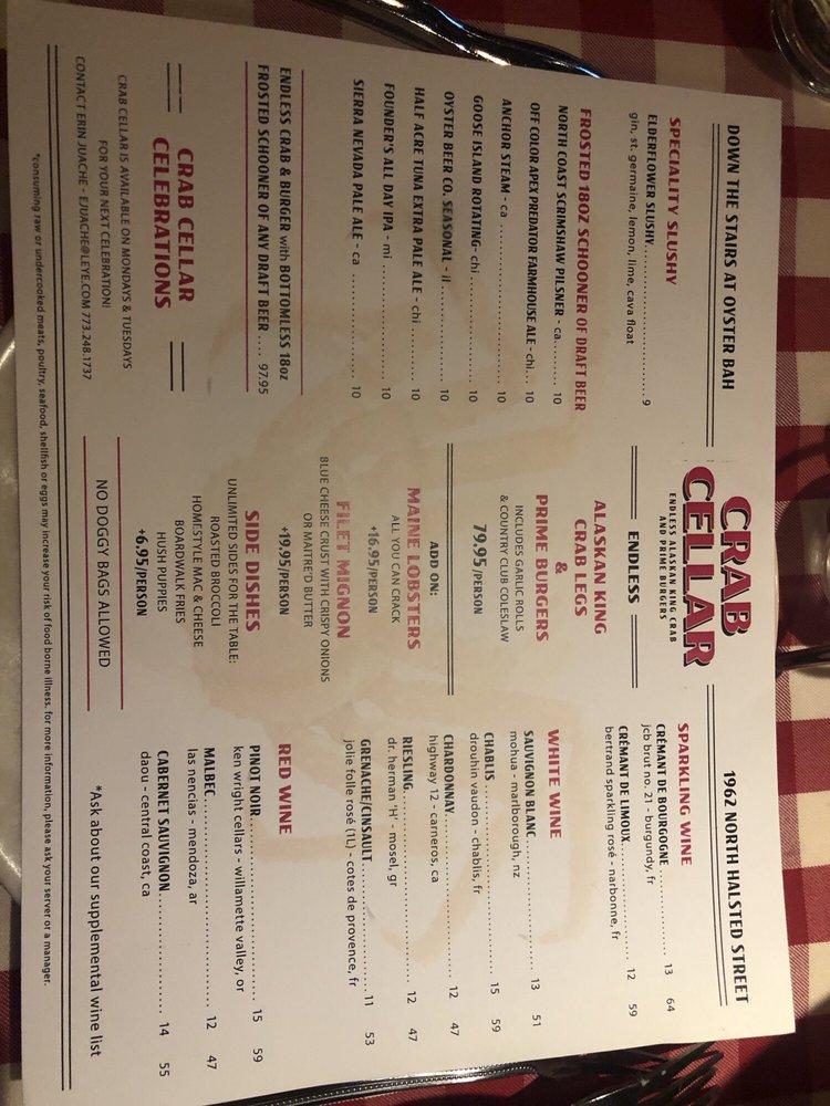 Menu at Crab Cellar restaurant, Chicago, N Halsted St