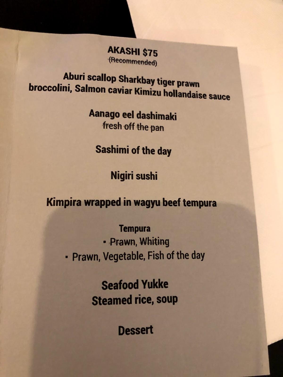 Menu at Dining AKASHI restaurant, Applecross
