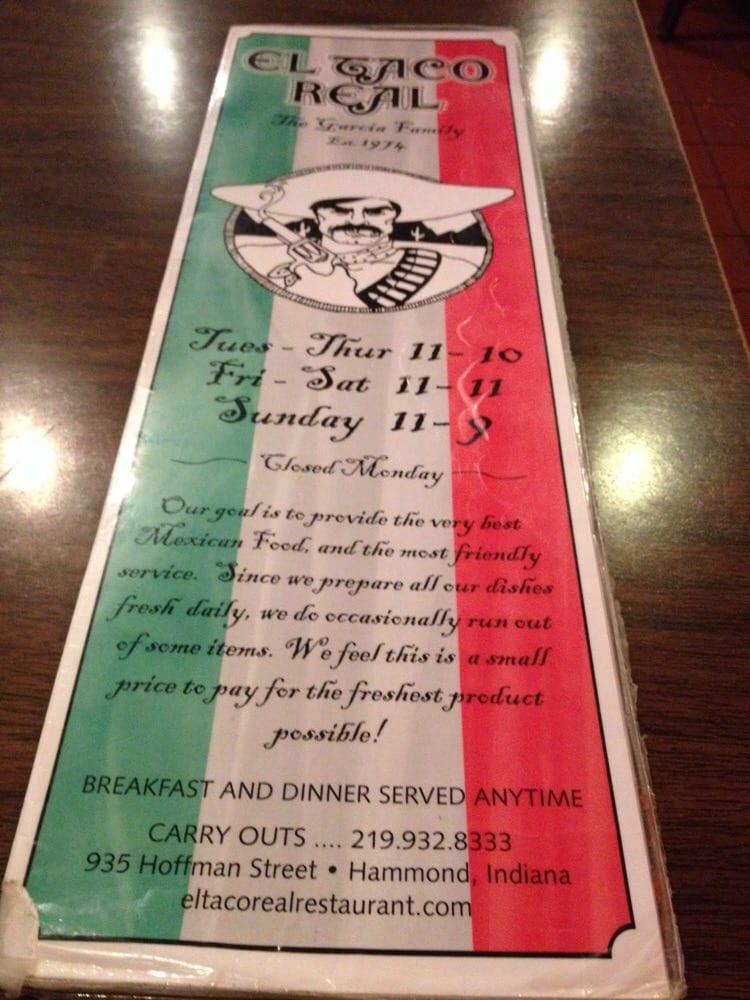 Menu at El Taco Real restaurant, Hammond, 935 Hoffman St