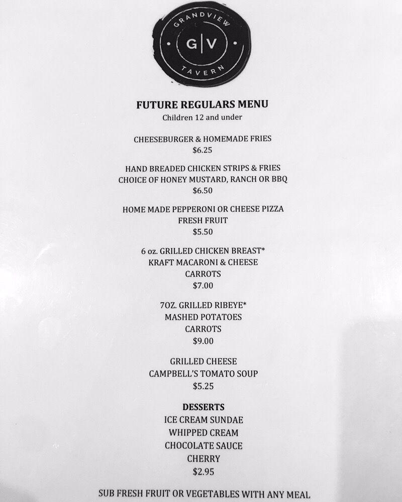 Menu at Grandview Tavern pub & bar, Fort Mitchell