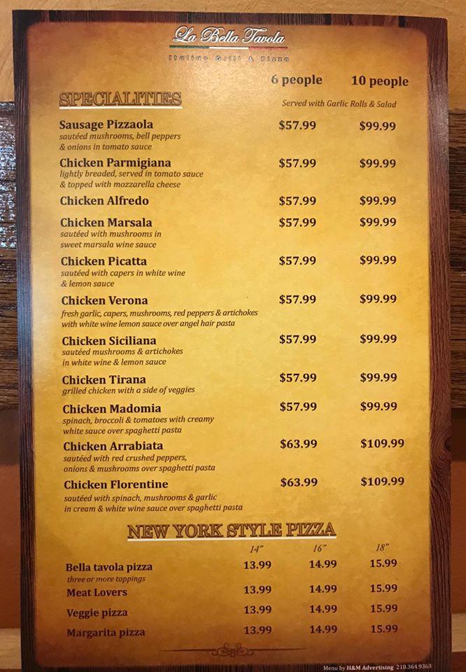 Menu at La Bella Tavola Italian Grill & Pizza pizzeria, Gonzales