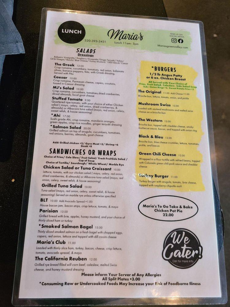 Menu at Maria's The Gathering Place restaurant, Green Valley