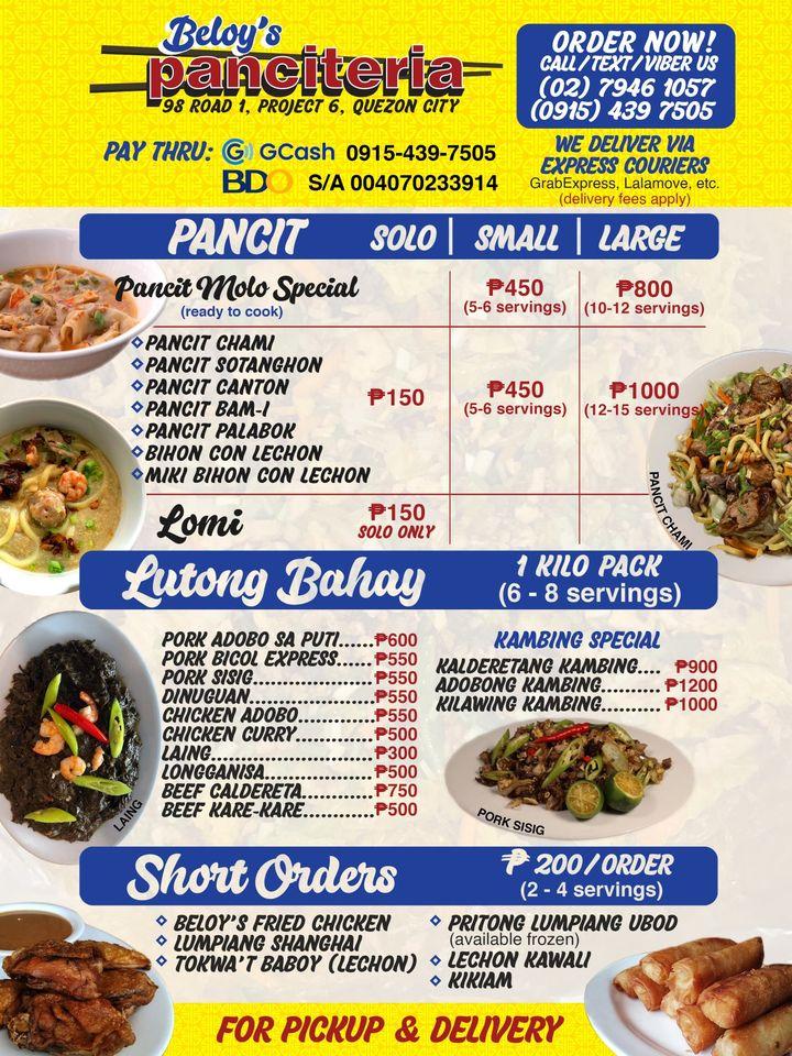 Menu at Beloy’s Panciteria restaurant, Quezon City