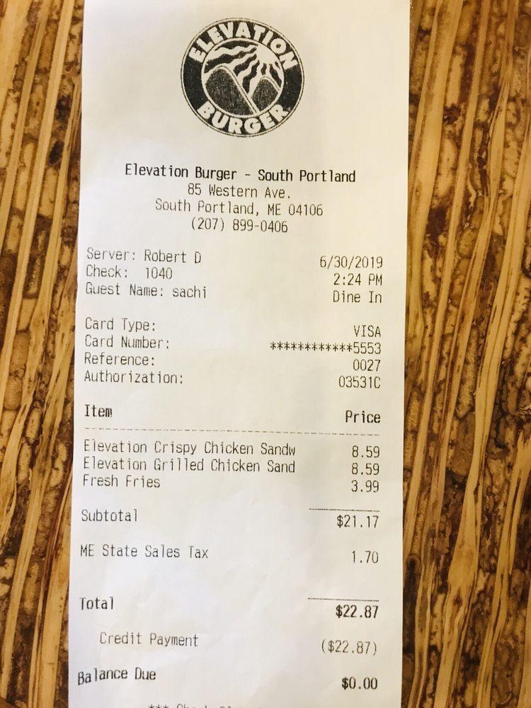 Carta del restaurante Elevation Burger, South Portland, 85 Western Ave