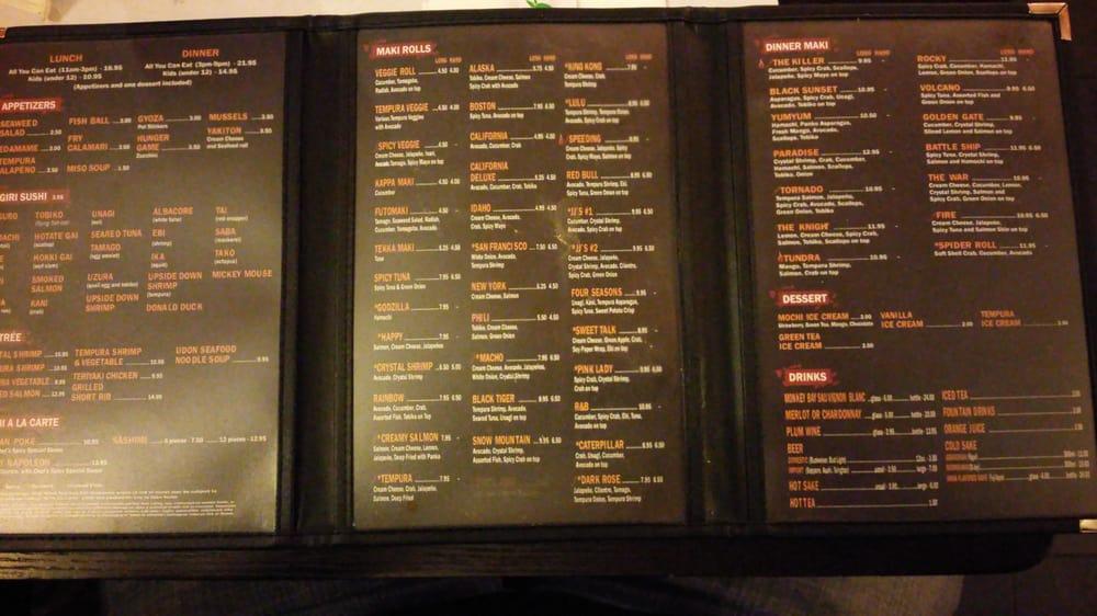 Menu at JJ's Sushi restaurant, Sparks