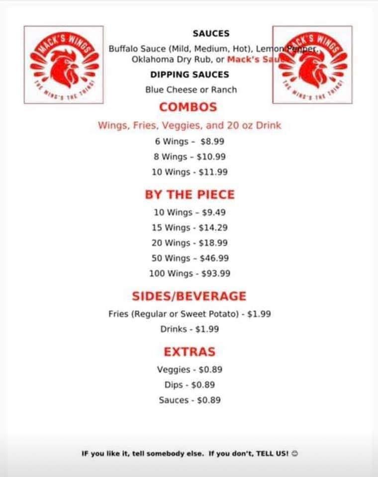 Menu at Mack's Wings restaurant, Tulsa