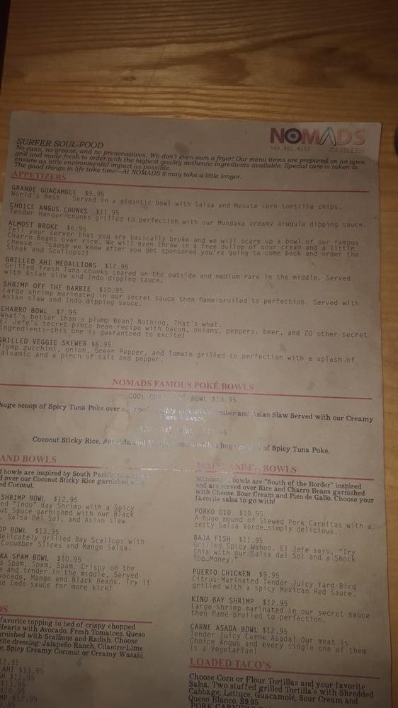Menu at Nomads Canteen restaurant, San Clemente