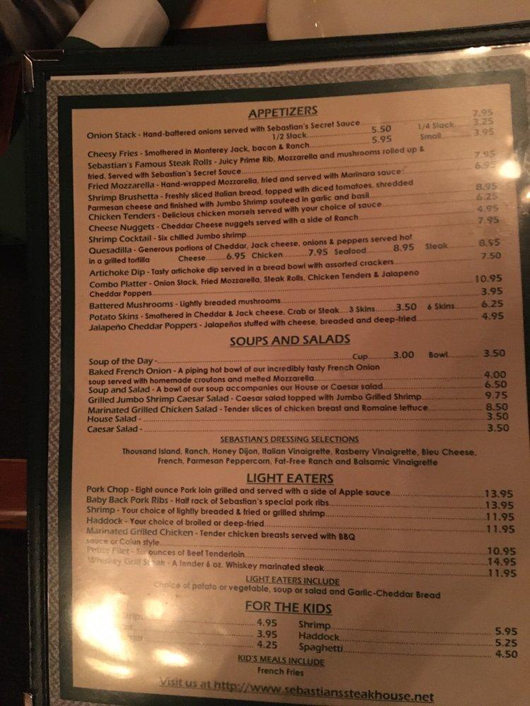 Menu at Sebastian's Steak House steakhouse, Fond du Lac