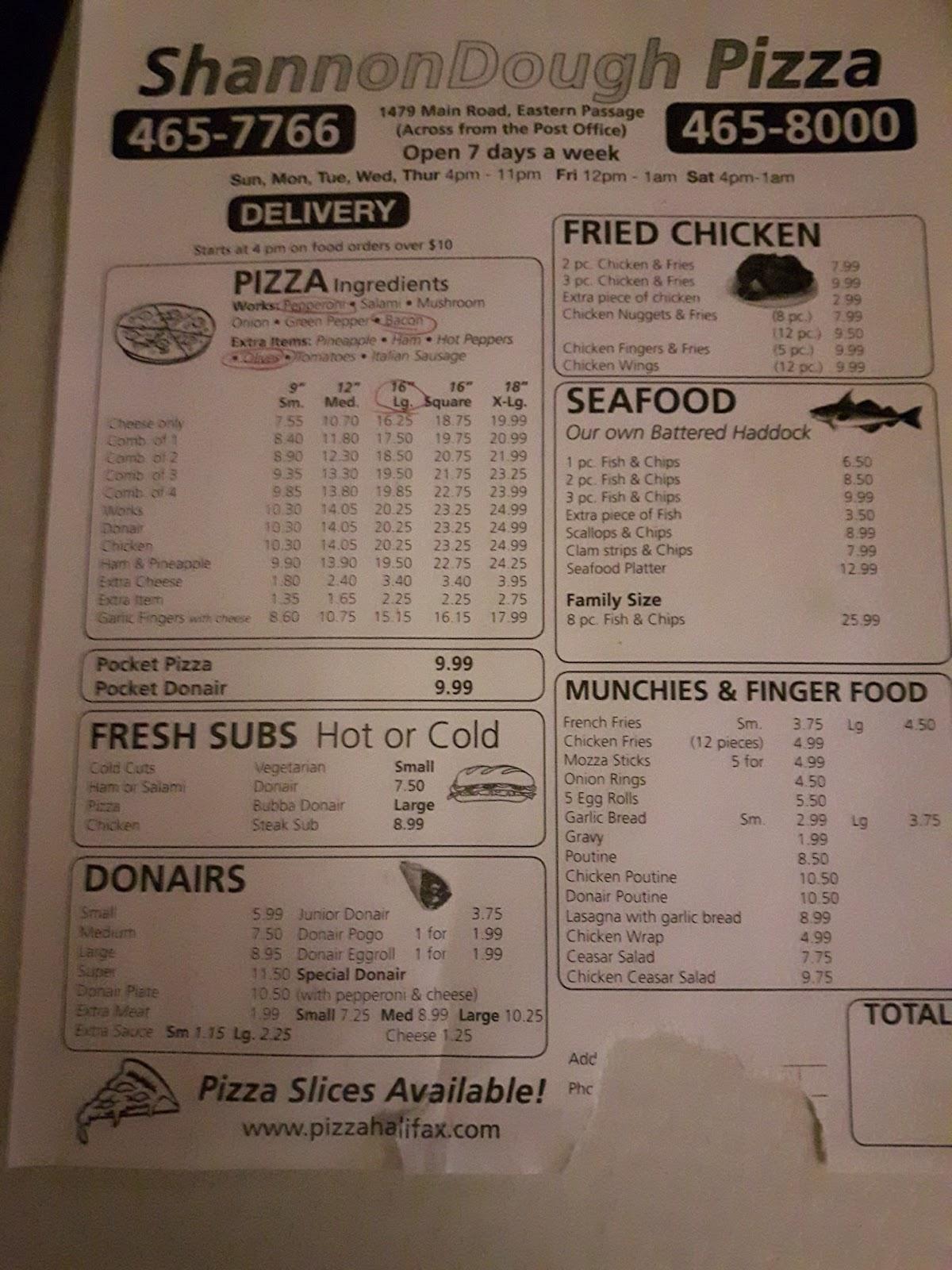 Menu at Shannon Dough Pizza pizzeria, Eastern Passage