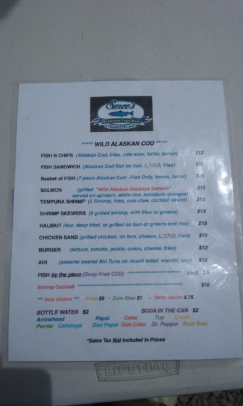 Menu at Smee's Alaskan Fish Bar & Market Place, Reno, 50 N Sierra St