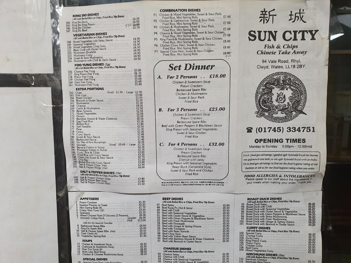 Menu at Sun City fast food, Rhyl