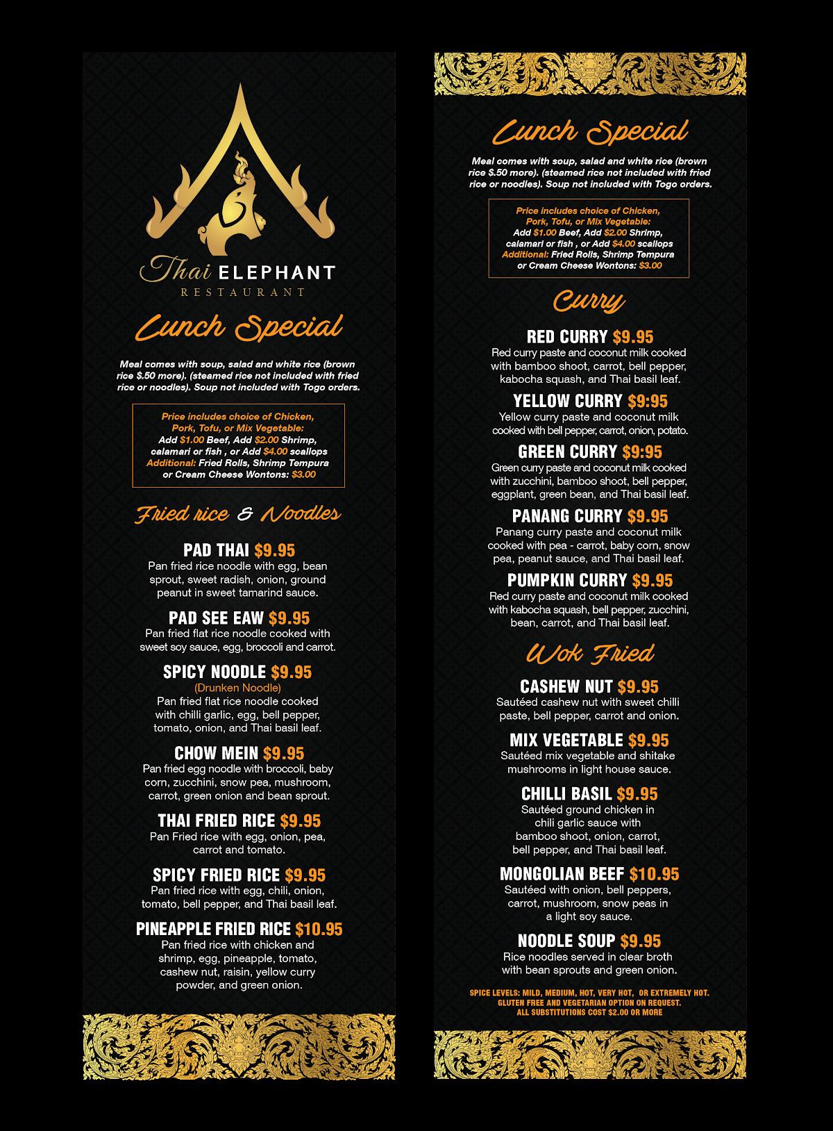 Carta de Sunset Thai Restaurant Pismo, Pismo Beach