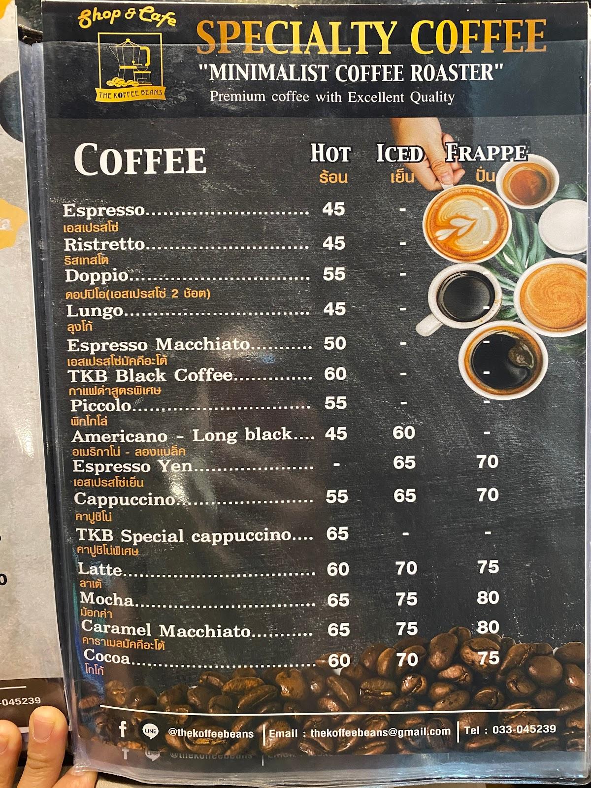 Menu at THE KOFFEE BEANS cafe, Si Racha