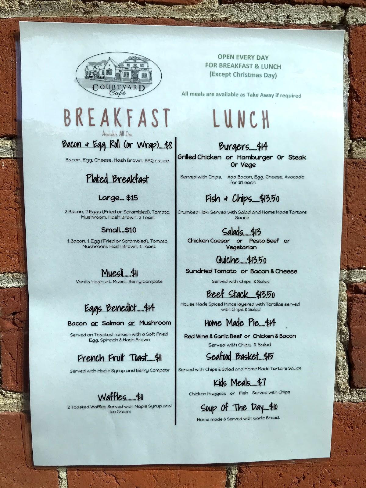 Menu at The Courtyard Cafe, Tenterfield