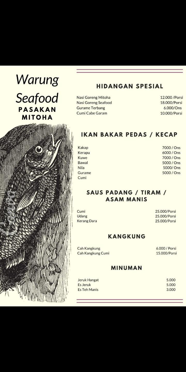 Menu at Warung Seafood Pasakan Mitoha restaurant, Jasinga