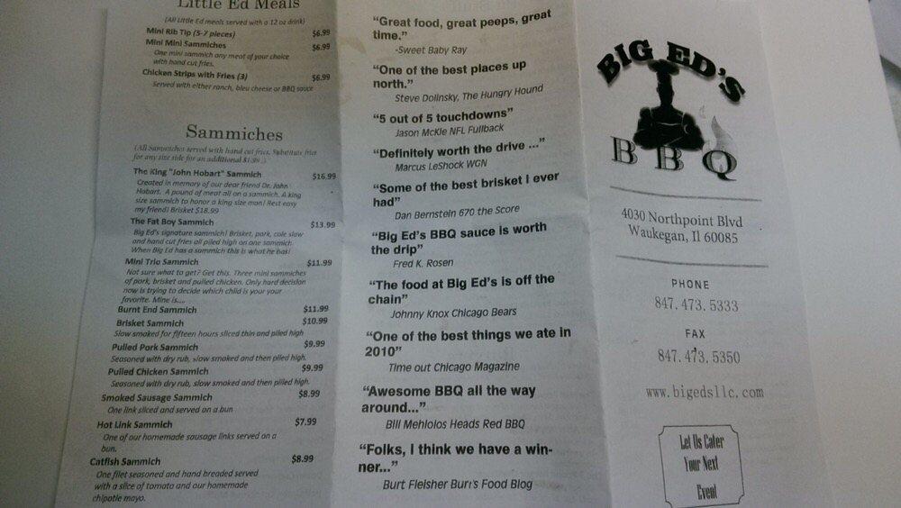 Menu at Big Ed's BBQ & Bar, Waukegan, Northpoint Blvd