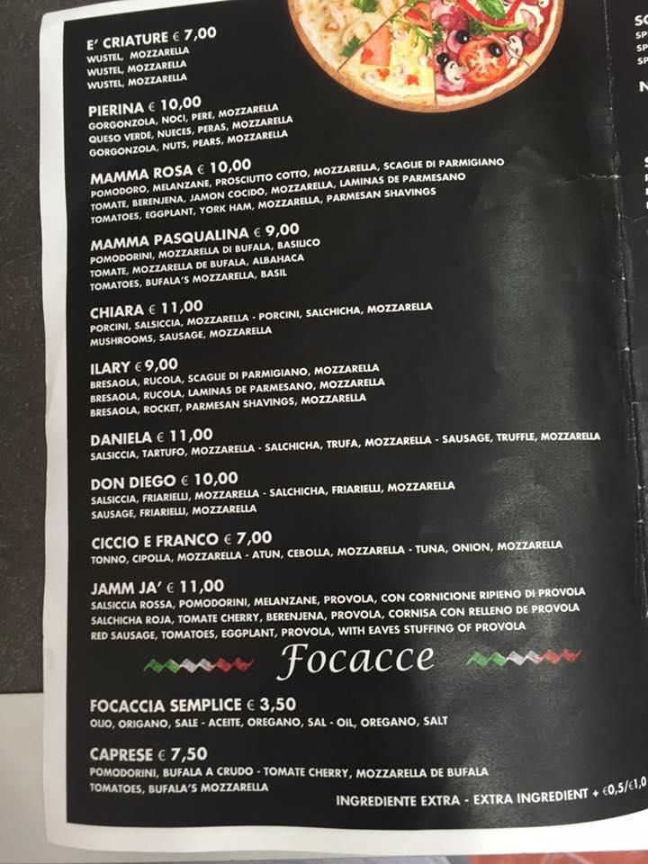 Menu at Jamm'ja Pizzeria, Los Cristianos