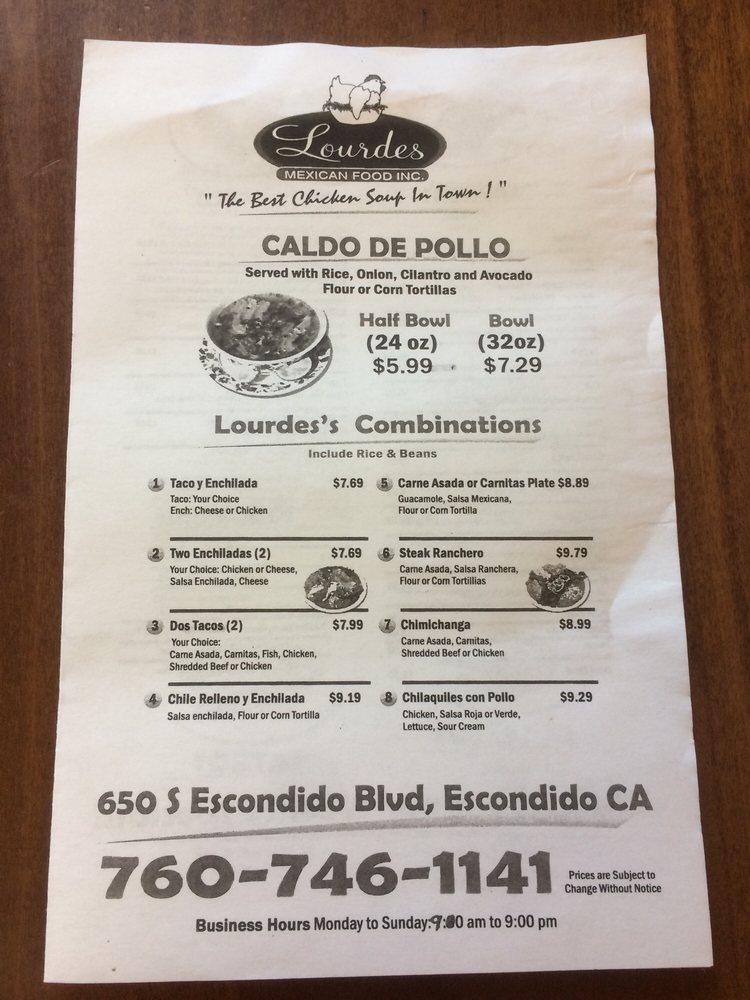 Menu at Lourdes Mexican Food restaurant, Escondido, 650 S Escondido Blvd