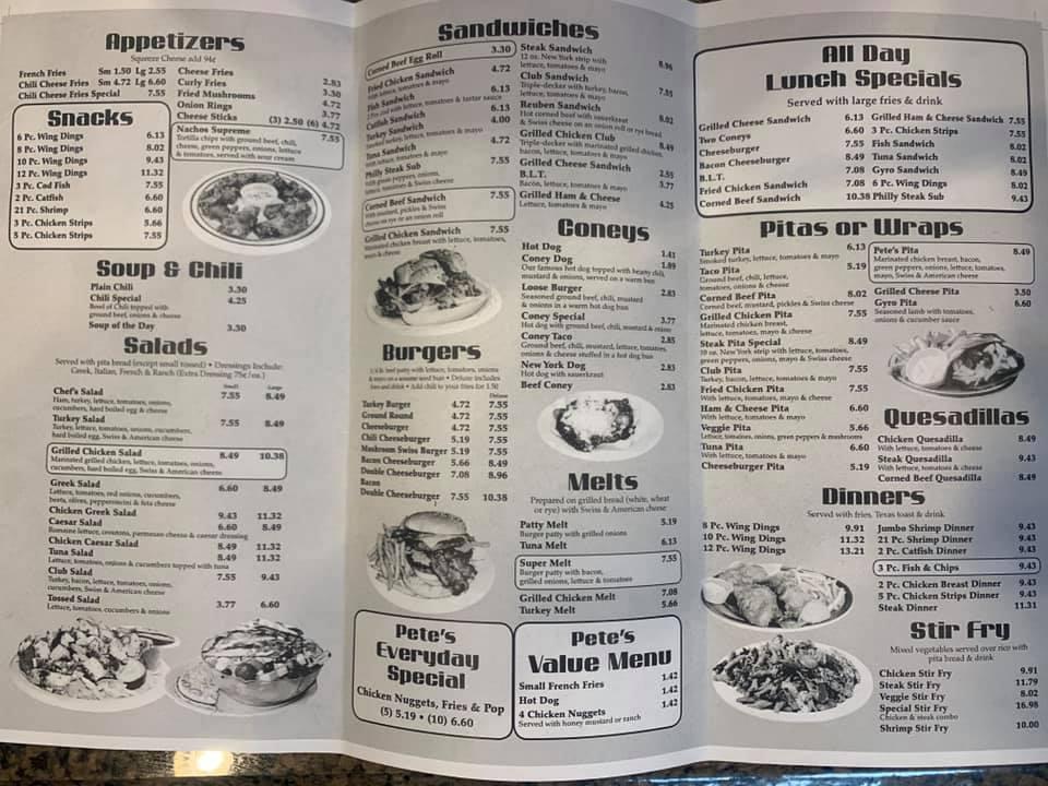 Menu at Pete's Grill restaurant, Detroit