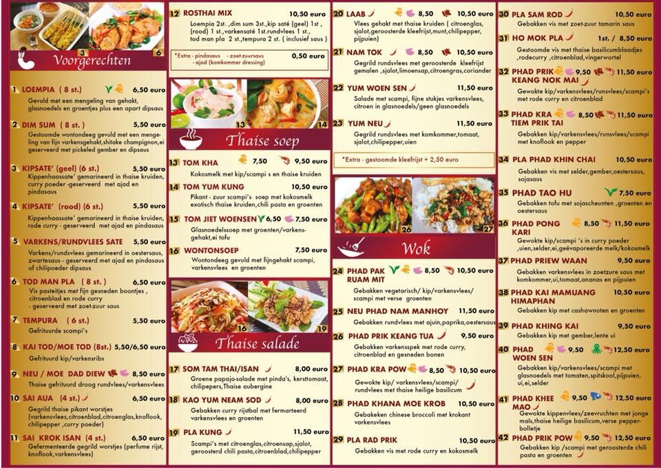 Menu at Ros thai takeaway, Turnhout