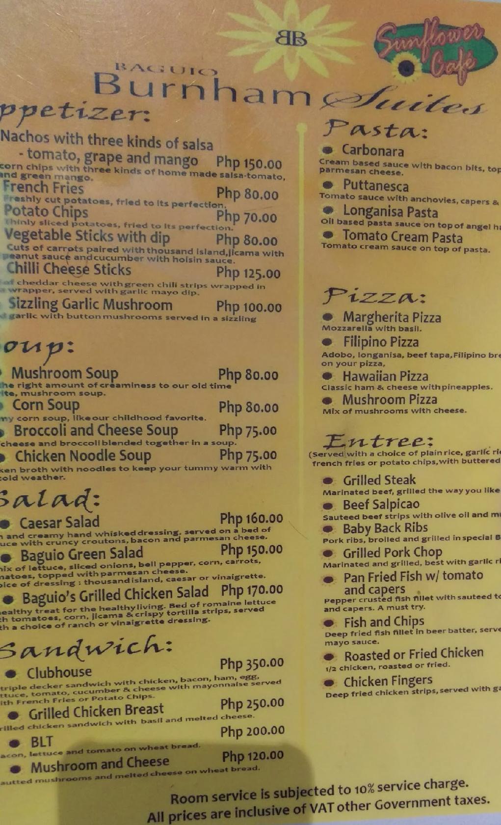 Menu at Sunflower Cafe, Baguio