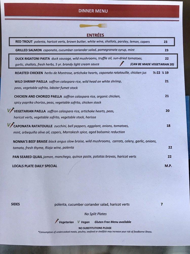 Menu at The Village Table restaurant, Telluride