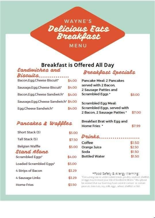 Menu at Wayne's Delicious Eats restaurant, Strasburg