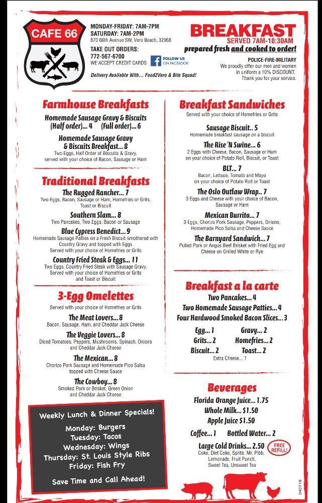 Menu at Cafe 66, Vero Beach, 685 US-1