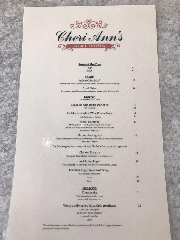 Menu at Cheri Ann's Trattoria restaurant, Broken Arrow