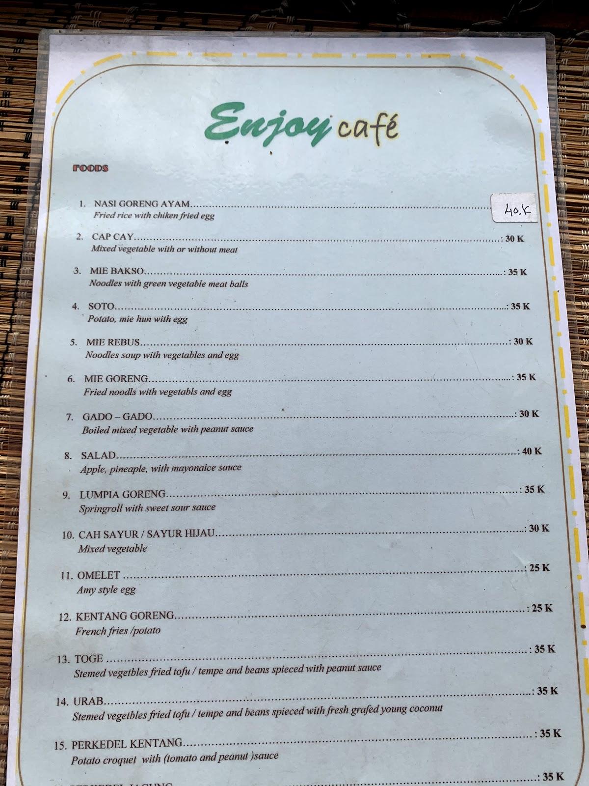 Menu at Warung Enjoy Cafe 2 Munduk, Munduk