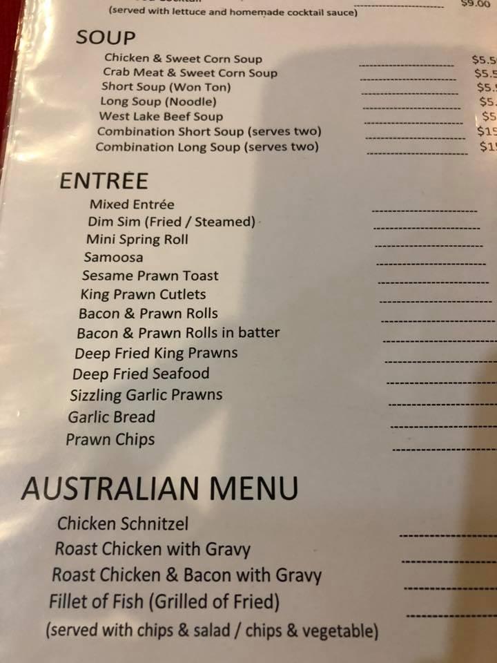 Menu at Lam and May restaurant, West Wyalong