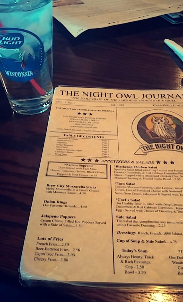 Menu at The Night Owl Sports Pub & Eatery, Evansville