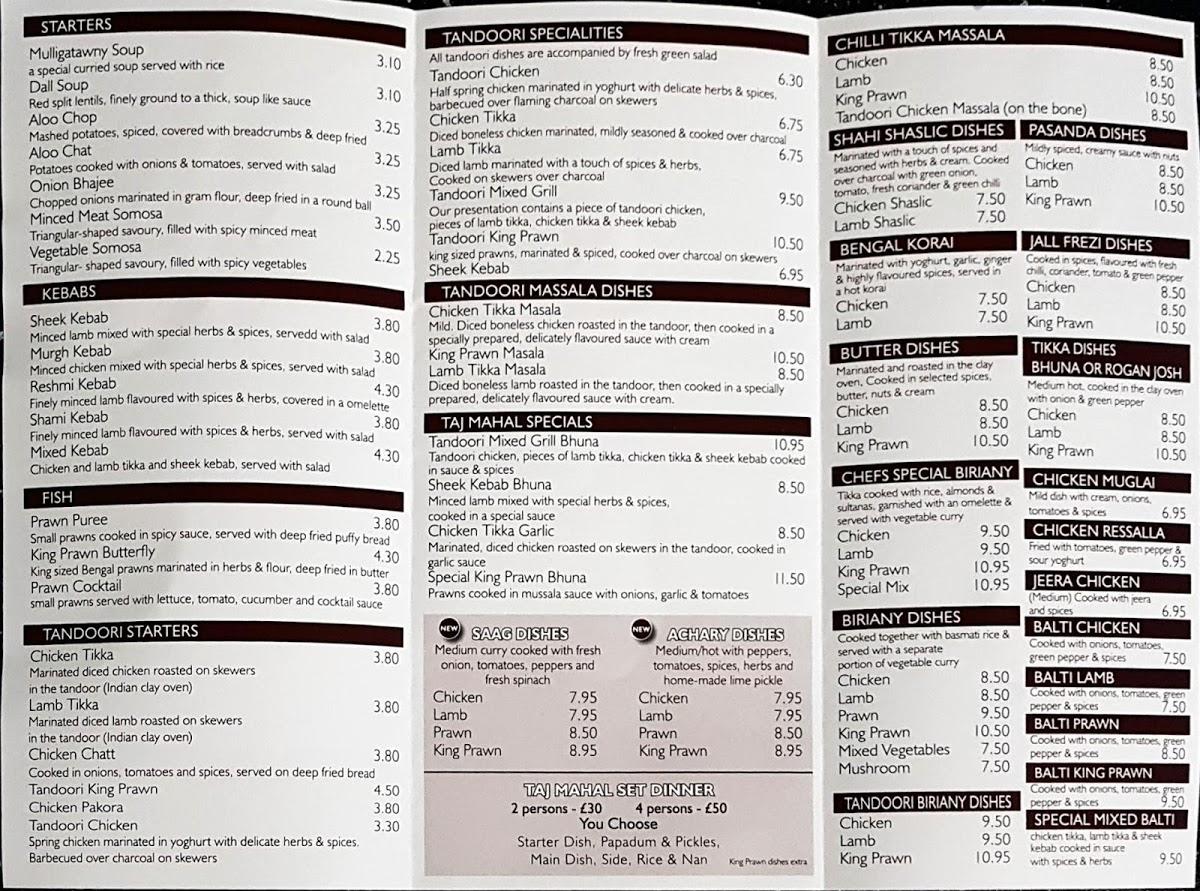 Menu at Taj Mahal restaurant, Peterborough, 1 rainbow centre