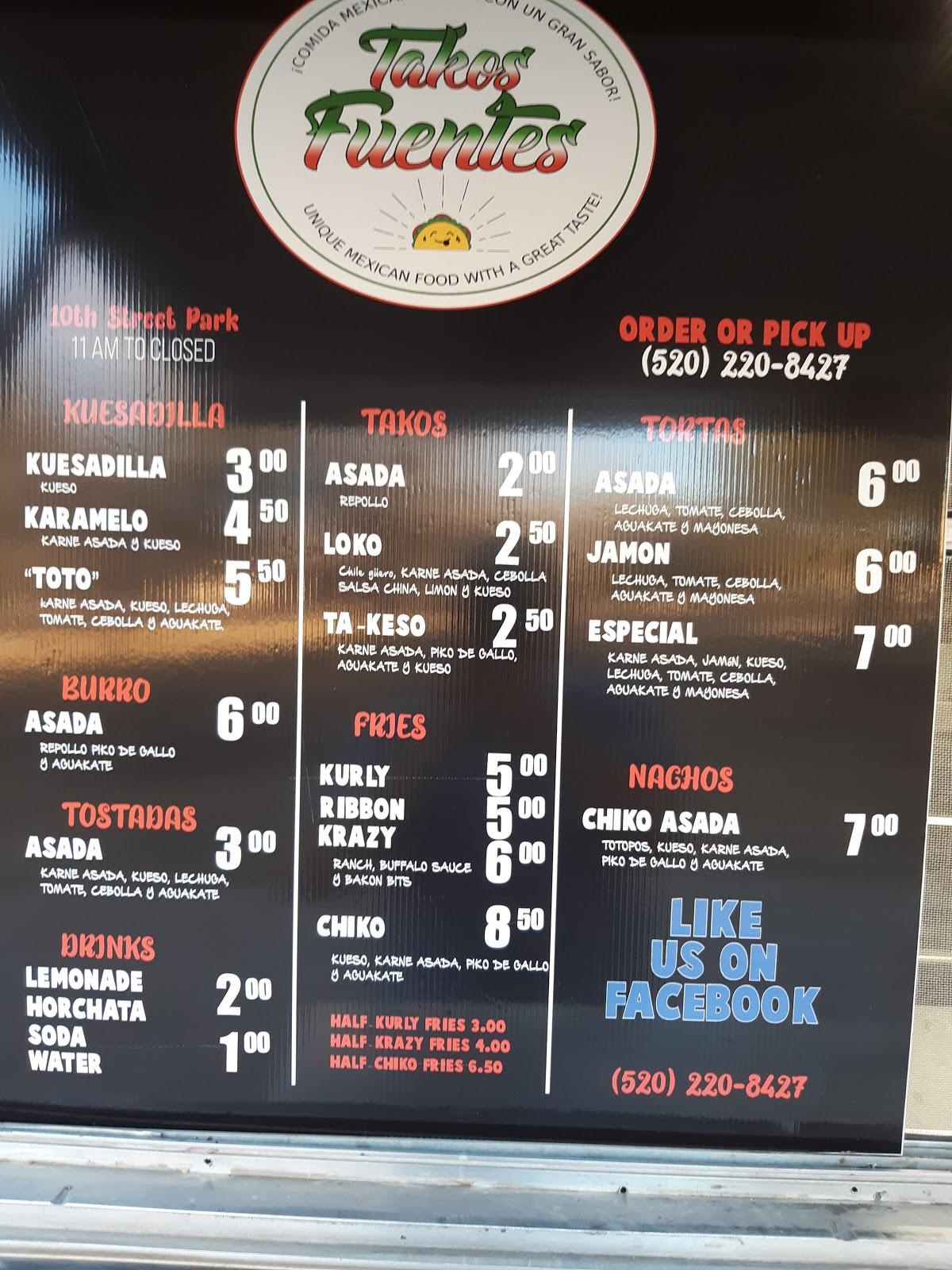 Menu at Takos Fuentes restaurant, Douglas, 10th street park