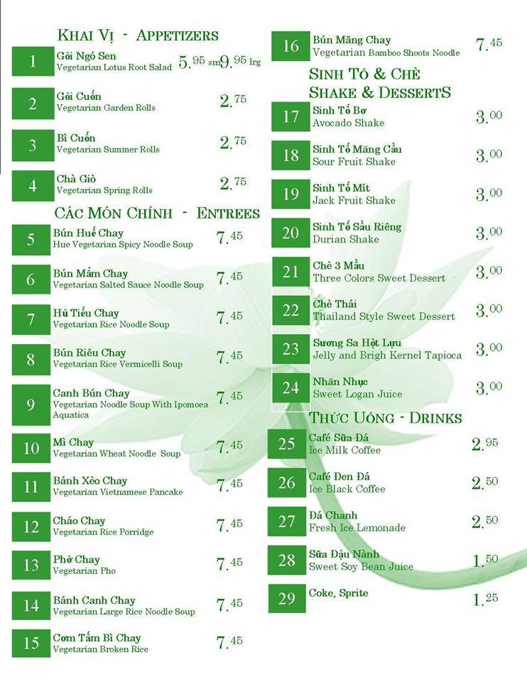 Menu at Thanh Van Restaurant, Falls Church