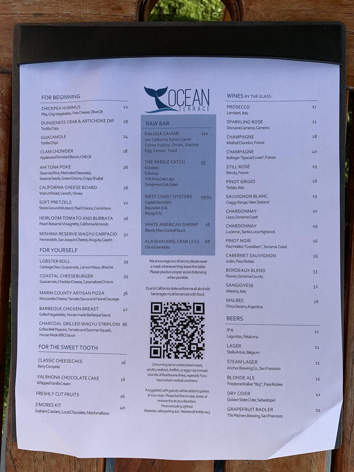 Menu at The Ocean Terrace pub & bar, Half Moon Bay
