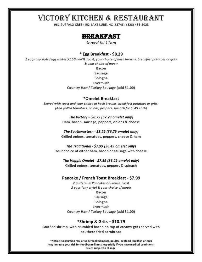 Menu at Victory Kitchen restaurant, Lake Lure