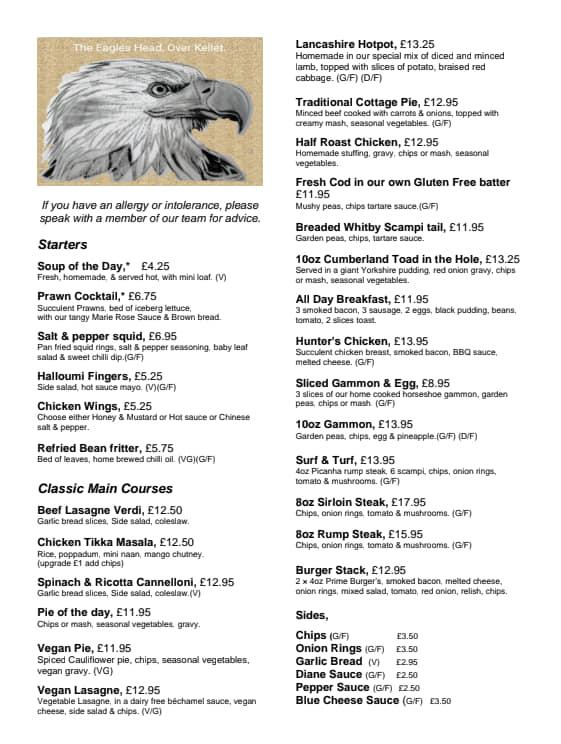 Menu at Eagles Head pub & bar, Over Kellet