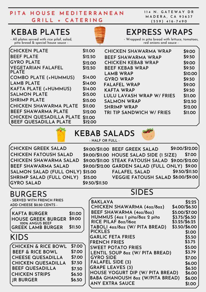 Menu at Pita House restaurant, Madera