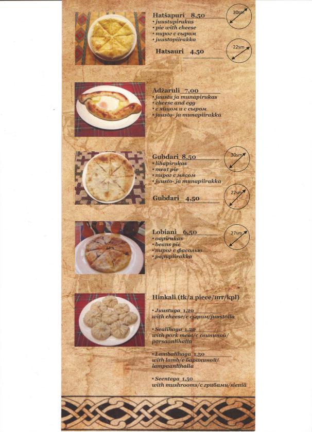Menu at Tbilisi restaurant, Tallinn, Pikk 43