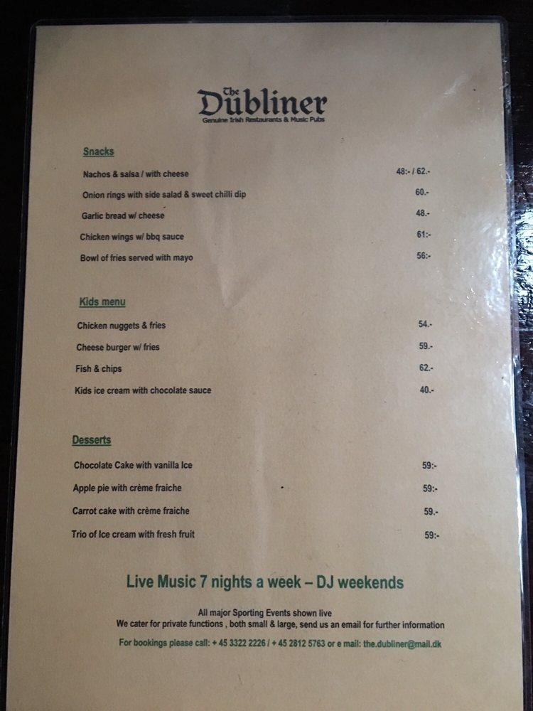 Menu at The Dubliner pub & bar, Copenhagen, Amagertorv 5