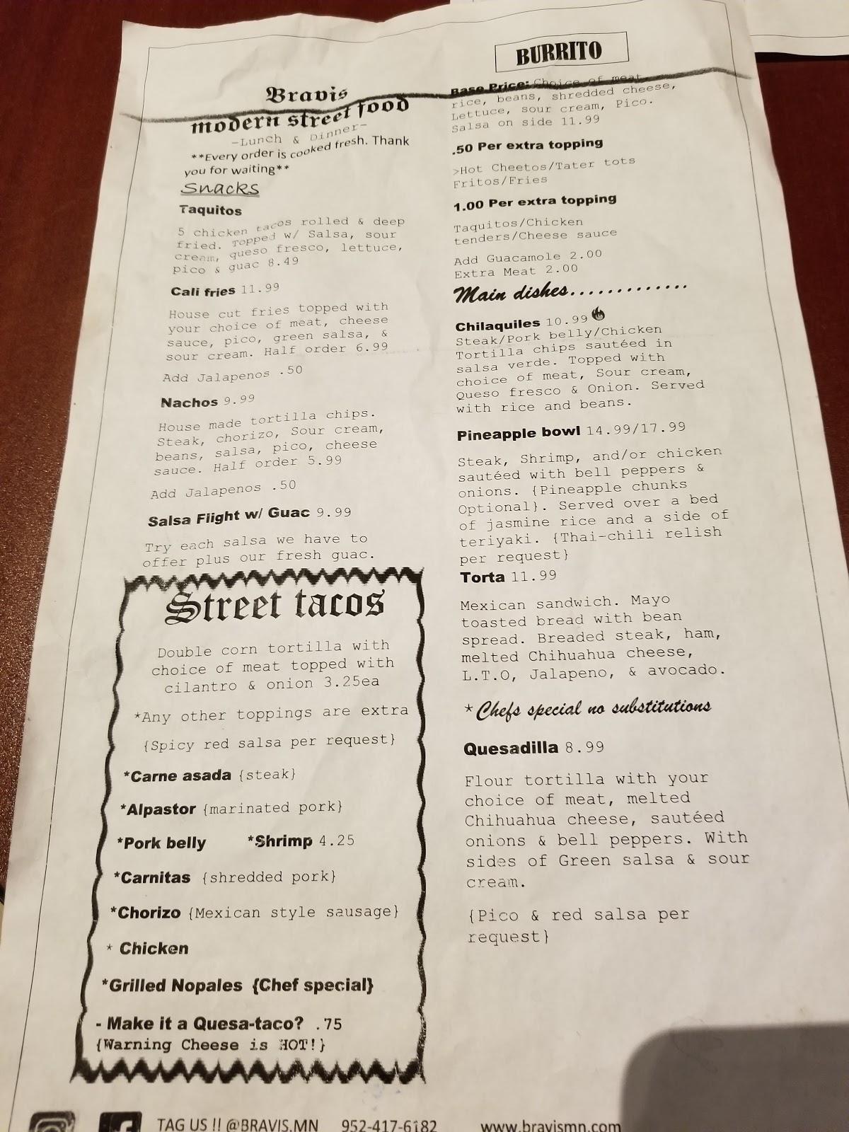 Menu at Bravi’s Craft Mexican Kitchen restaurant, Shakopee