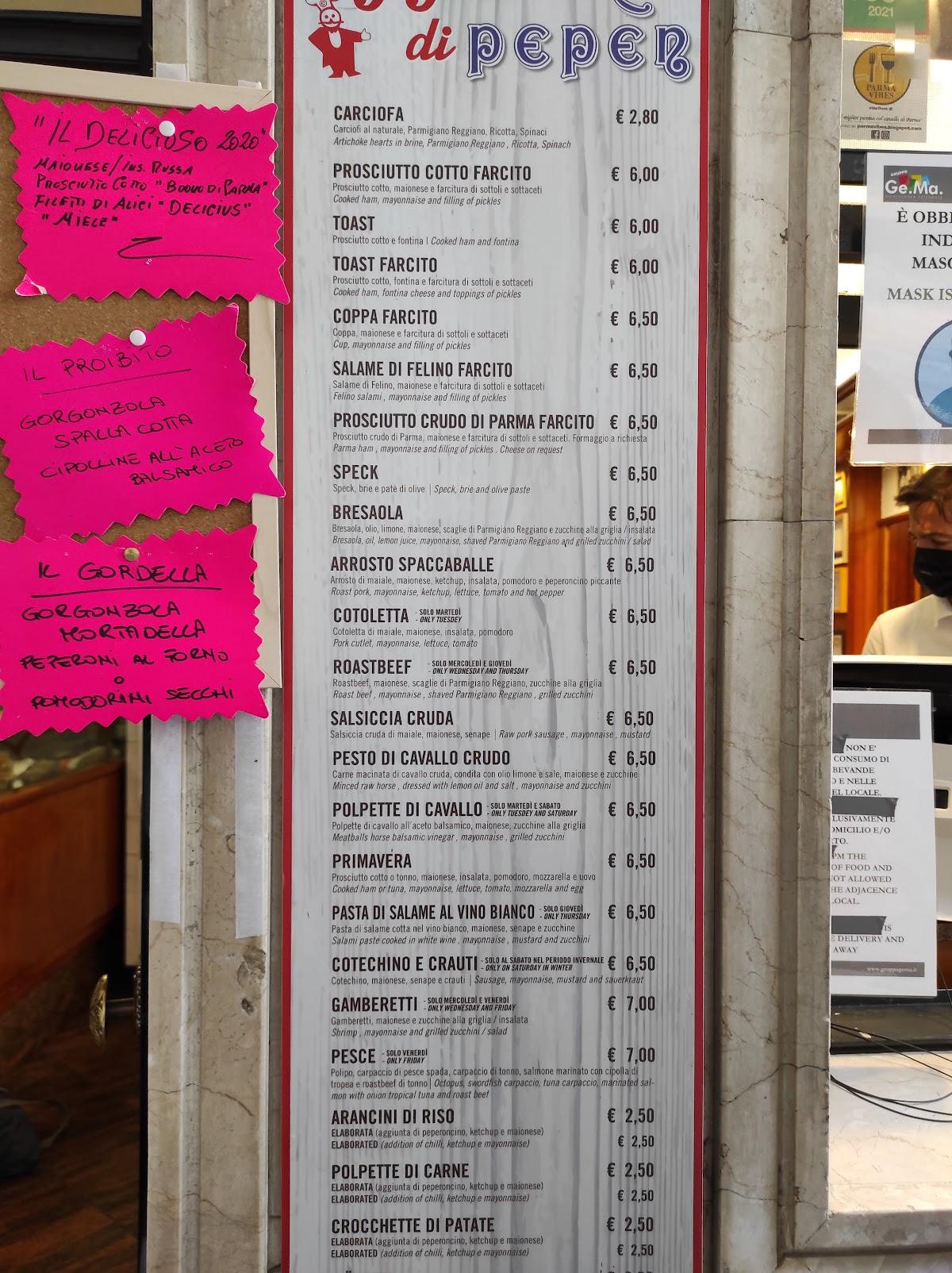 Menu da Da Pepèn fast food, Parma