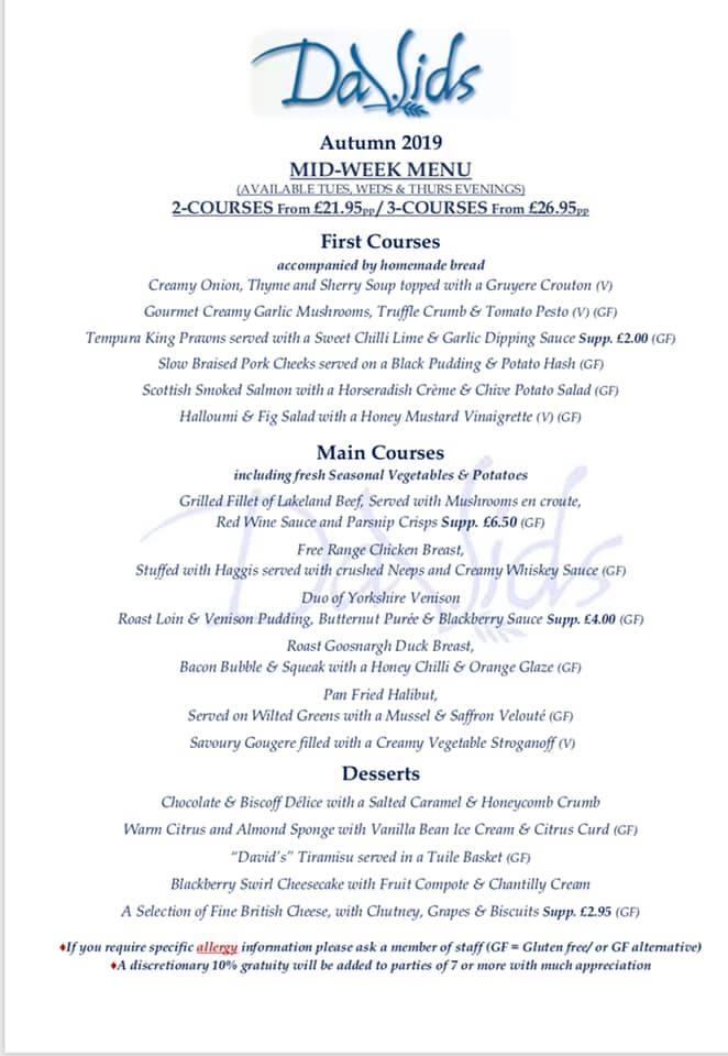 Menu at David's Restaurant, Carlisle