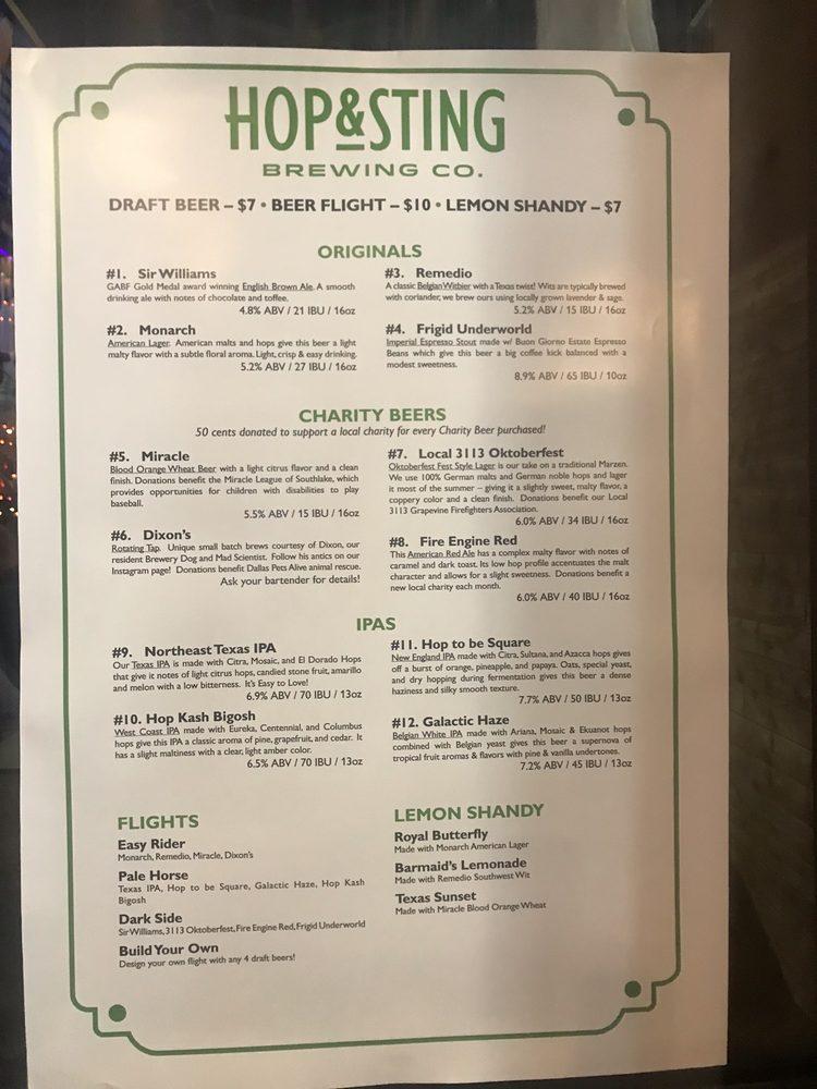 Menu at Hop and Sting Brewing Company restaurant, Grapevine, 906 Jean St