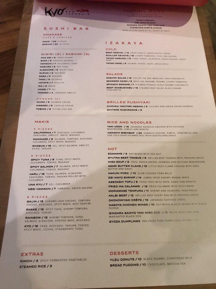 Menu at Kyo Bar Japonais, Montréal, 711 Côte place-d'Armes
