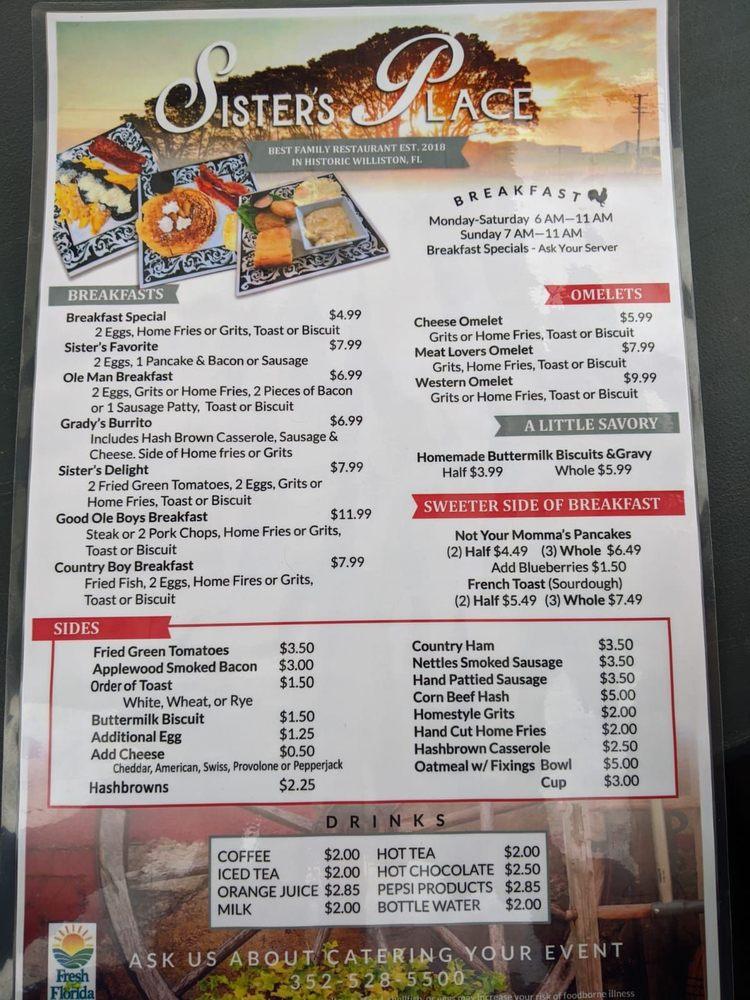 Menu at Sister's Place restaurant, Williston
