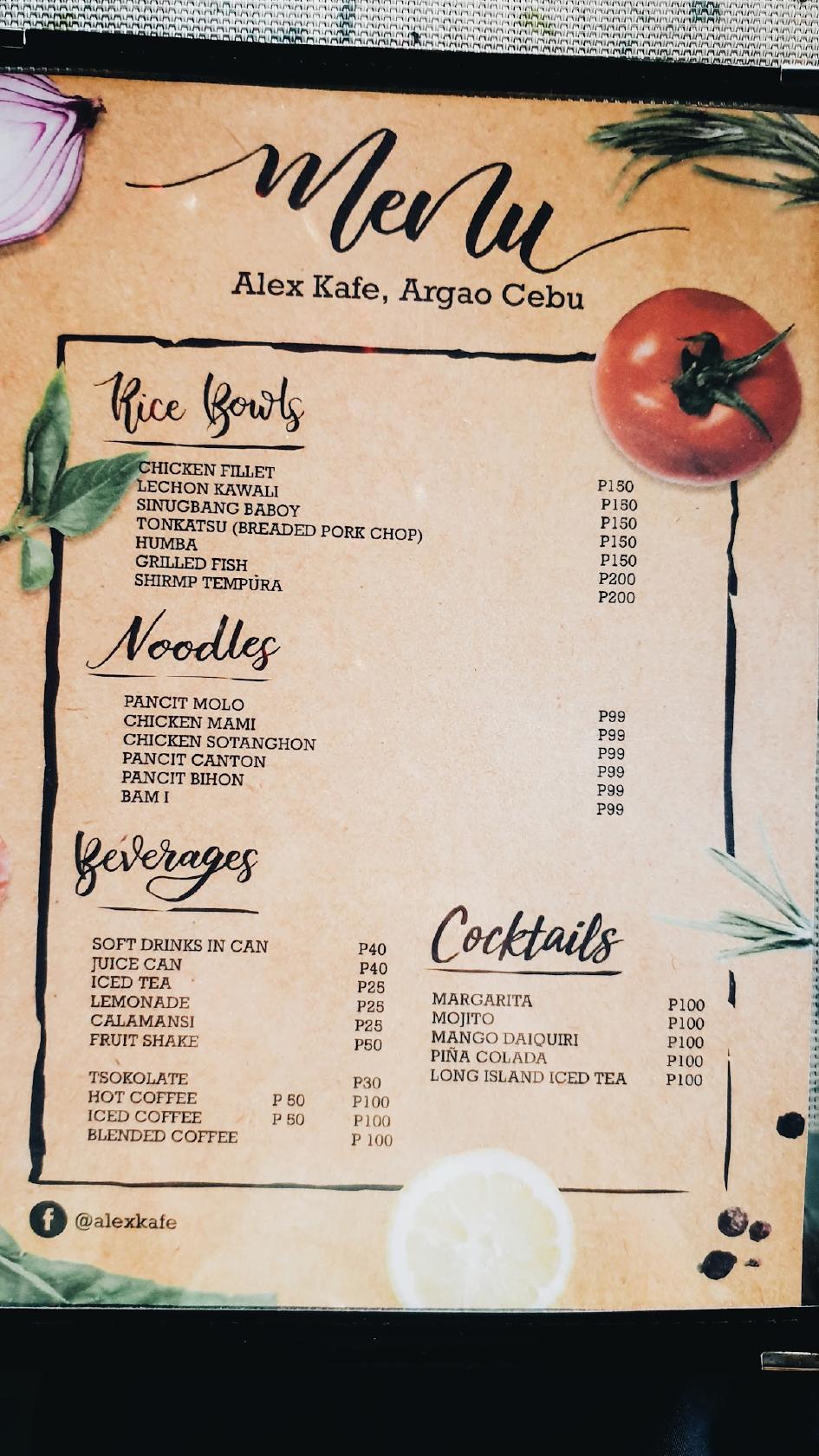 Menu at Alex Kafe, Argao Cebu, PHILIPPINES restaurant, Argao, Rizal St