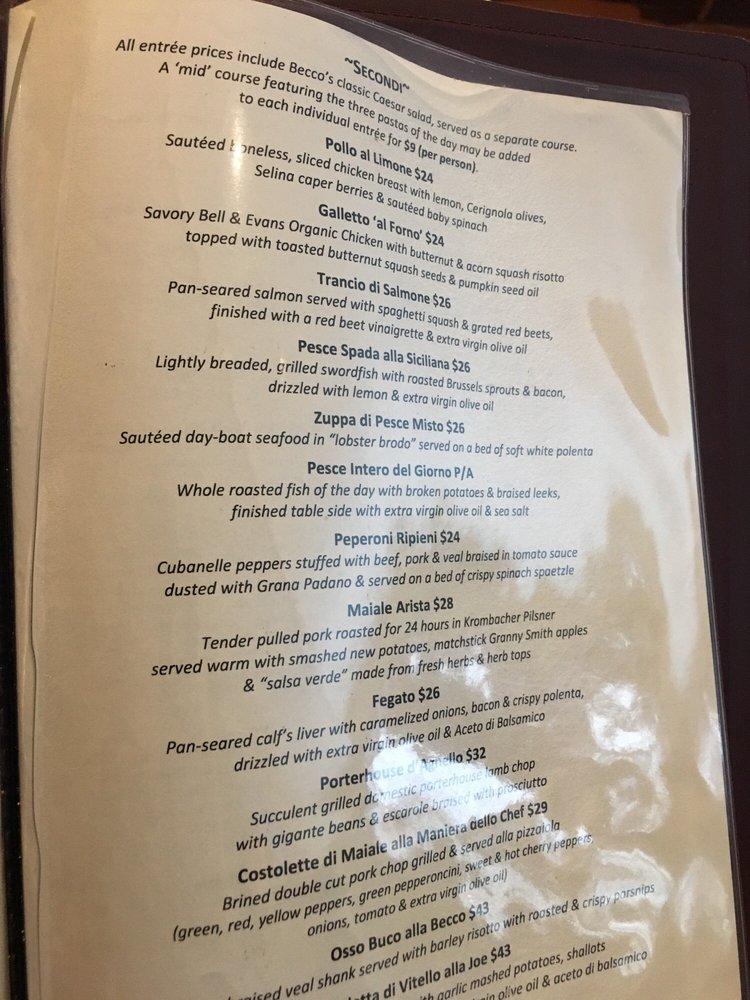 Menu at Becco restaurant, West New York